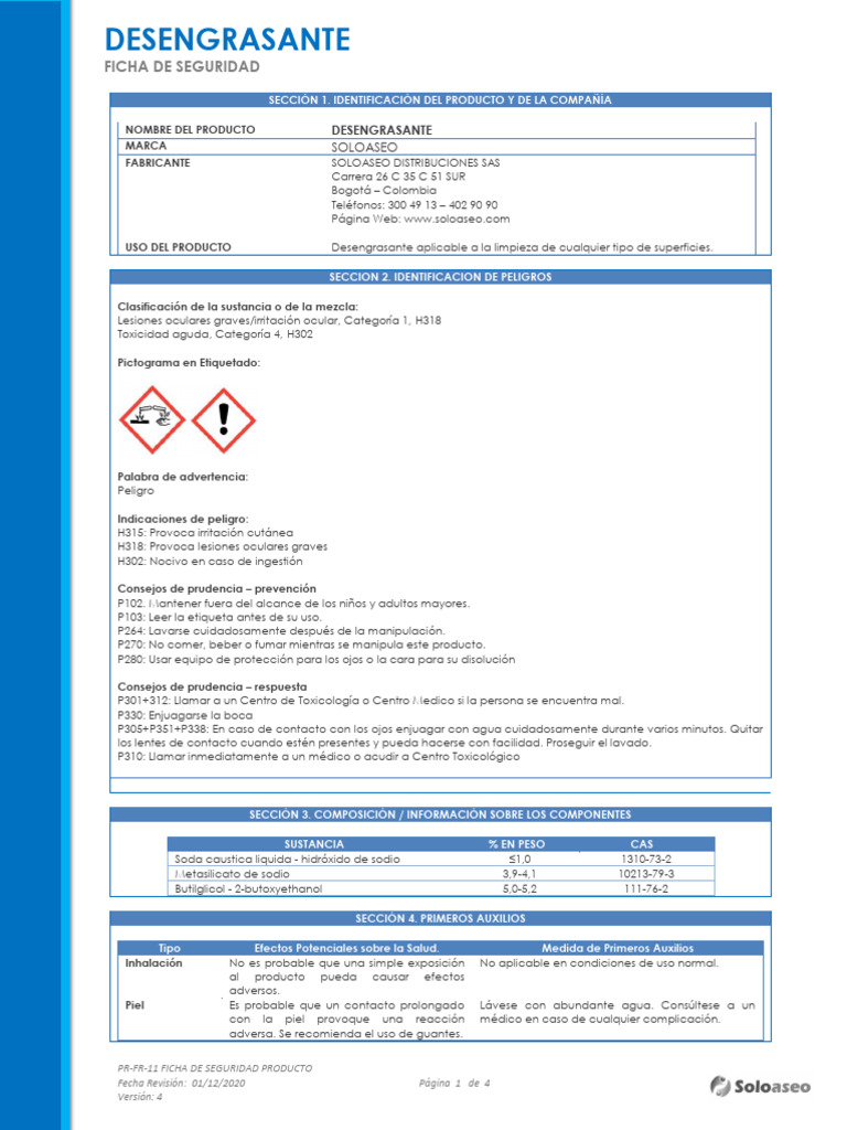 Ficha de Seguridad Desengrasante V.4 | PDF | Agua