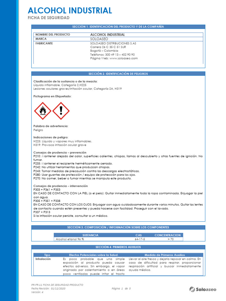 Ficha de Seguridad Alcohol Industrial V.4 | PDF | Combustión | Agua