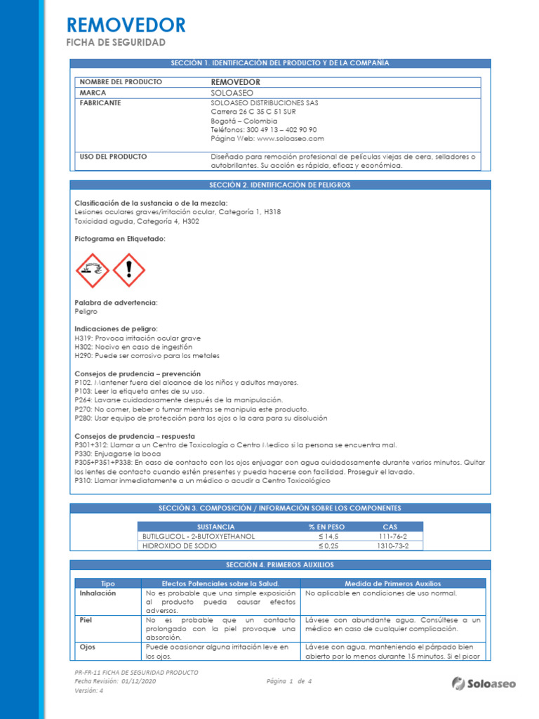 Ficha de Seguridad Removedor Soloaseo | PDF | Agua
