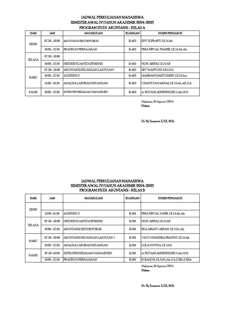 JADWAL KULIAH GANJIL 2024-2025 Akuntansi Semester Lima (V) | PDF