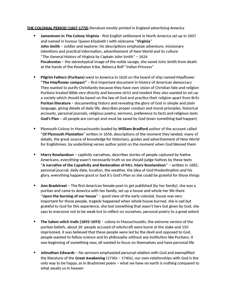 Colonial American Literature Overview | PDF | Puritans | Reason