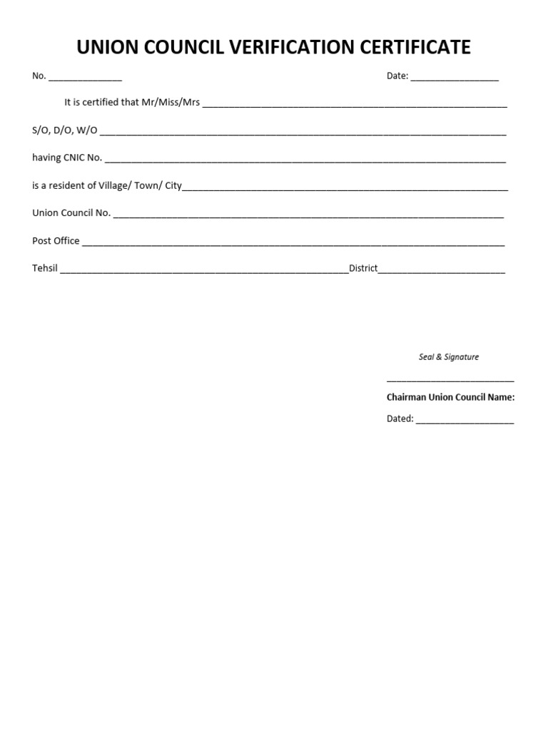 Union Council Verification Certificate 2022 | PDF