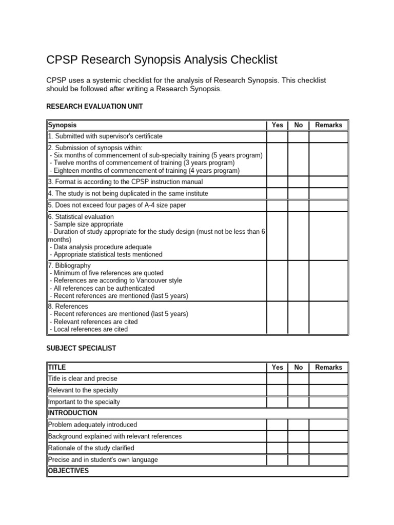 CPSP Research Synopsis Analysis Checklist | PDF | Data | Sampling ...