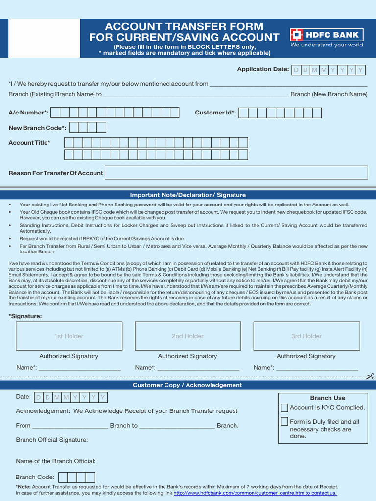 HDFC Bank - Account Transfer Form For Current and Saving Account in PDF Download | PDF | Banks ...