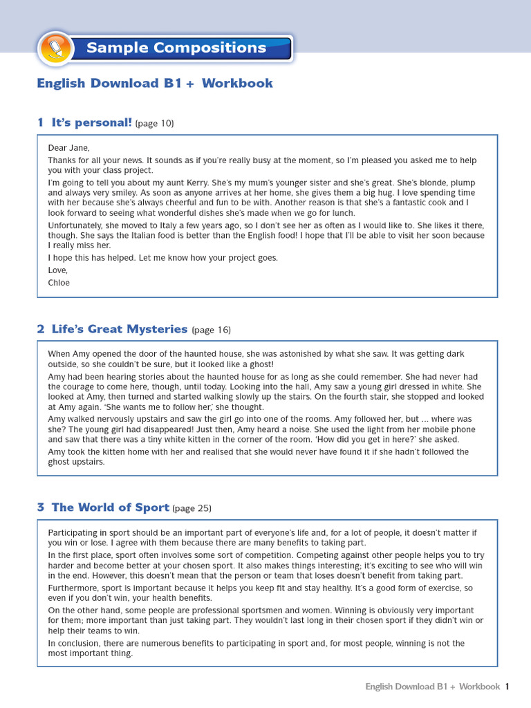 English Download B1+ Workbook Sample Compositions | PDF | Adolescence