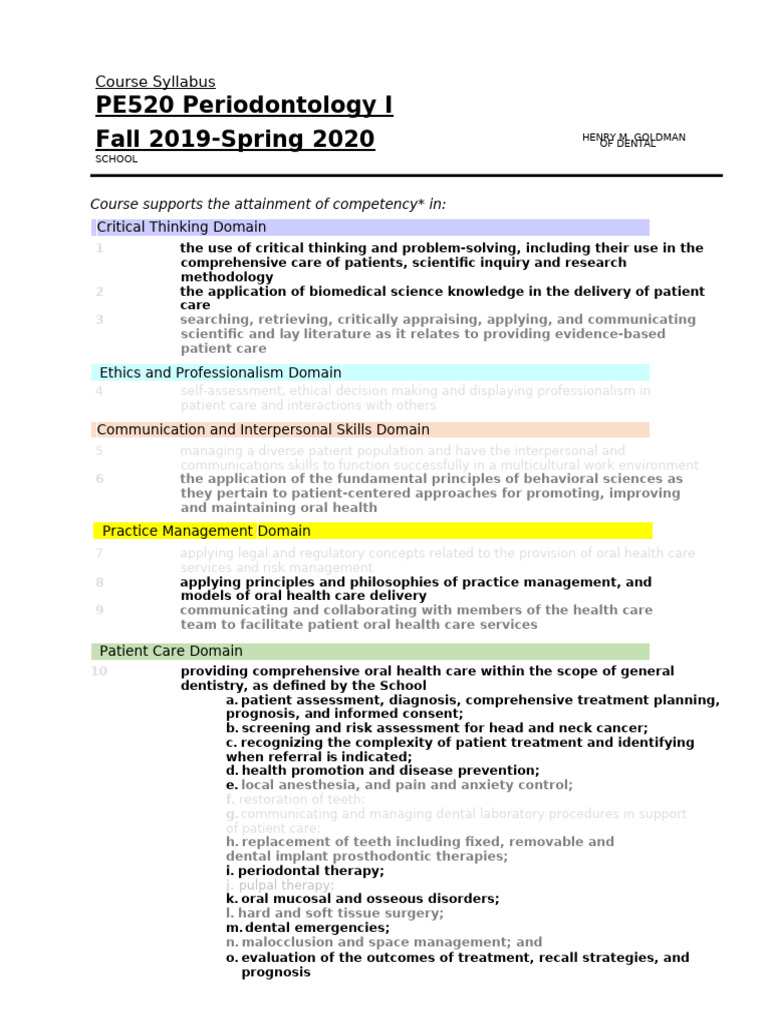 PE520 2019-2020 Syllabus | PDF | Periodontology | Medical Specialties