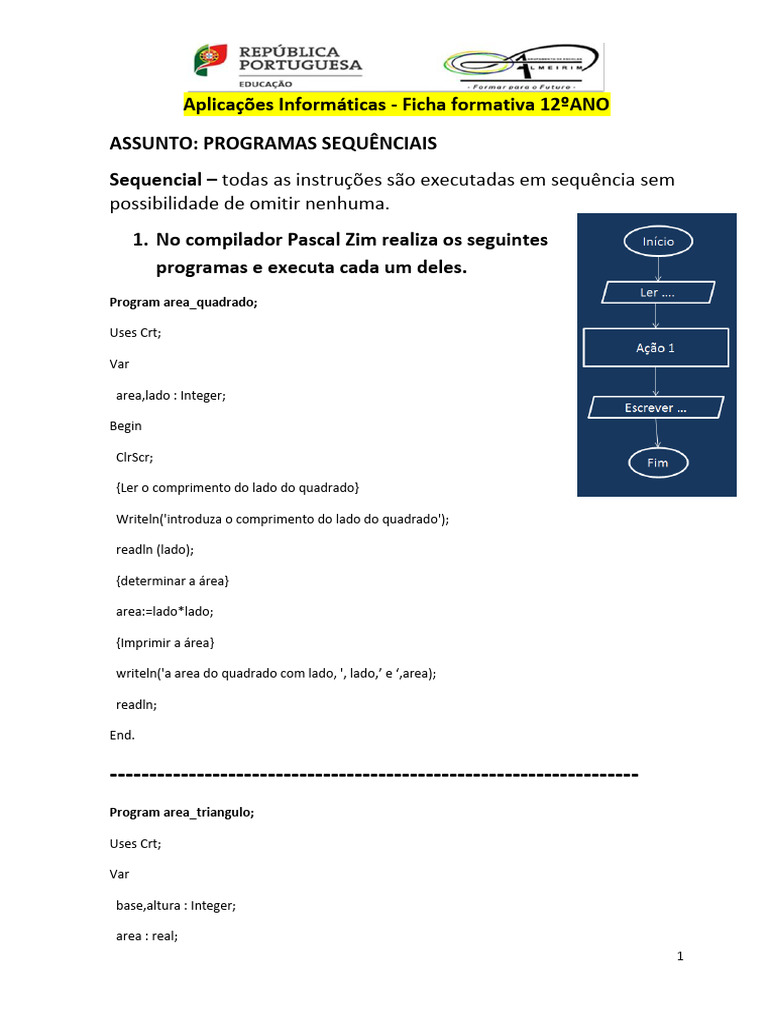 Ficha formativa1 - programas em Pascal(sequenciais e IF THEN ELSE) | PDF | Engenharia de ...