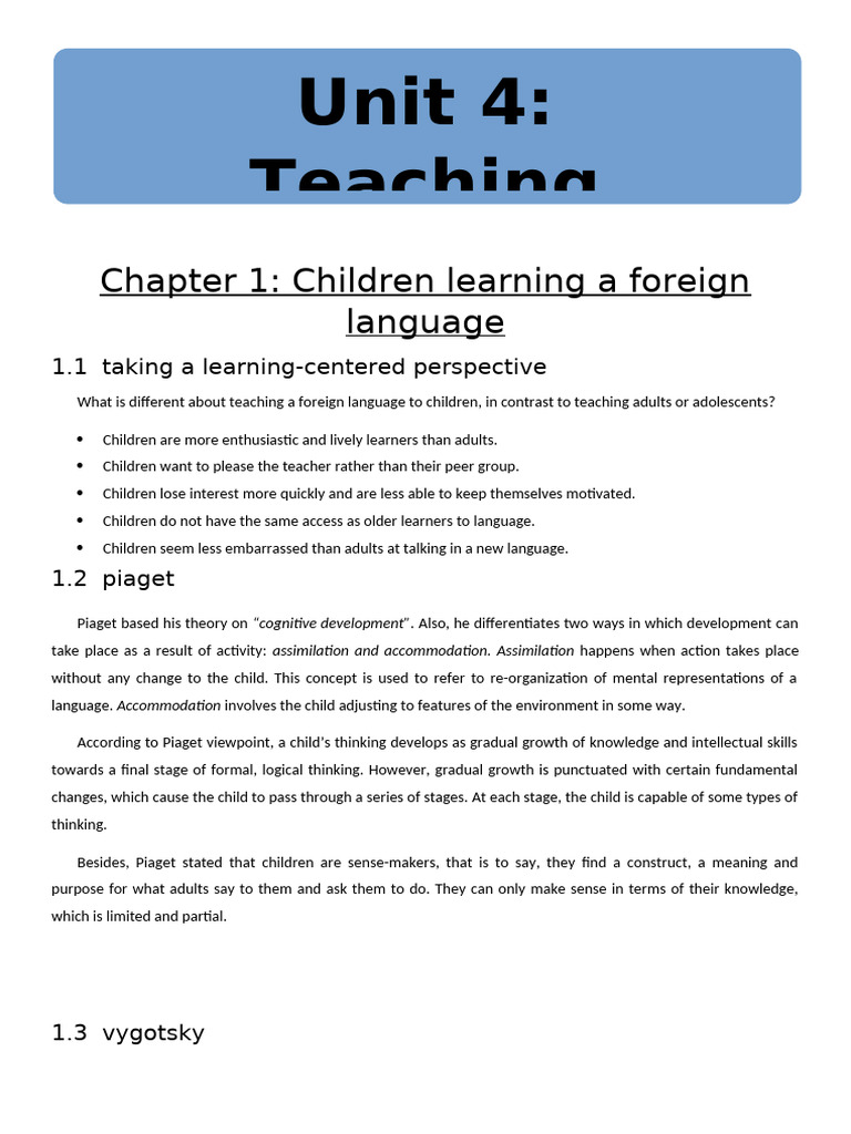 Summary Unit 4 - Teaching Languages To Young Children | PDF | Learning | Vocabulary