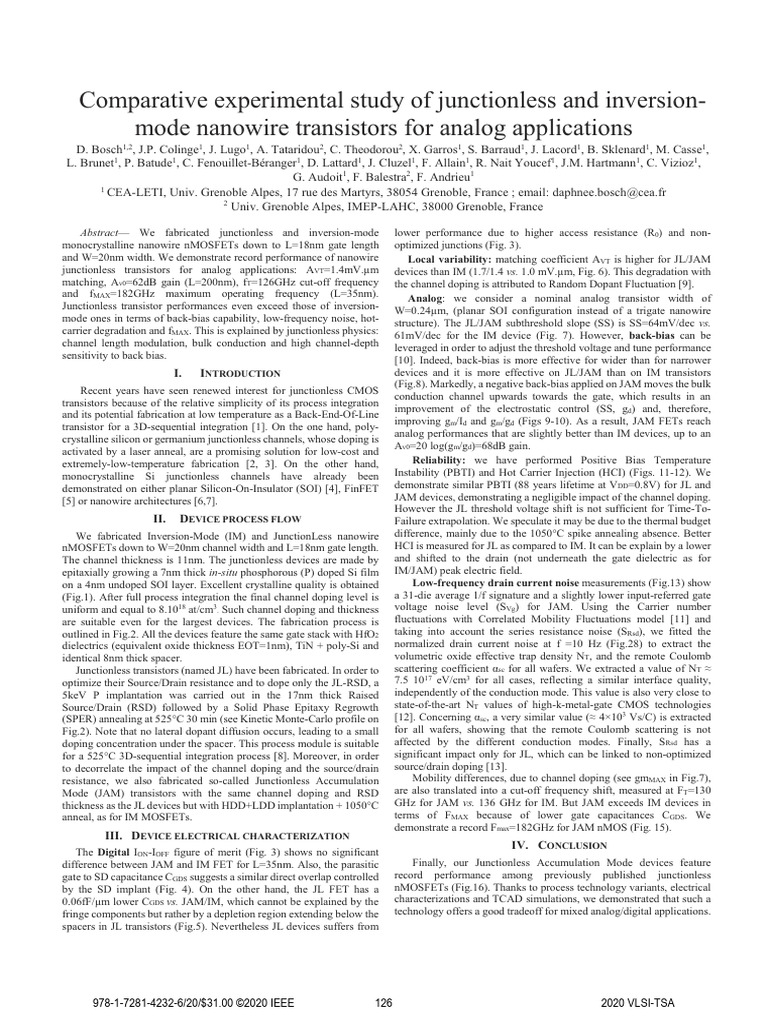 Comparative Experimental Study of Junctionless and Inversion-Mode Nanowire Transistors For ...