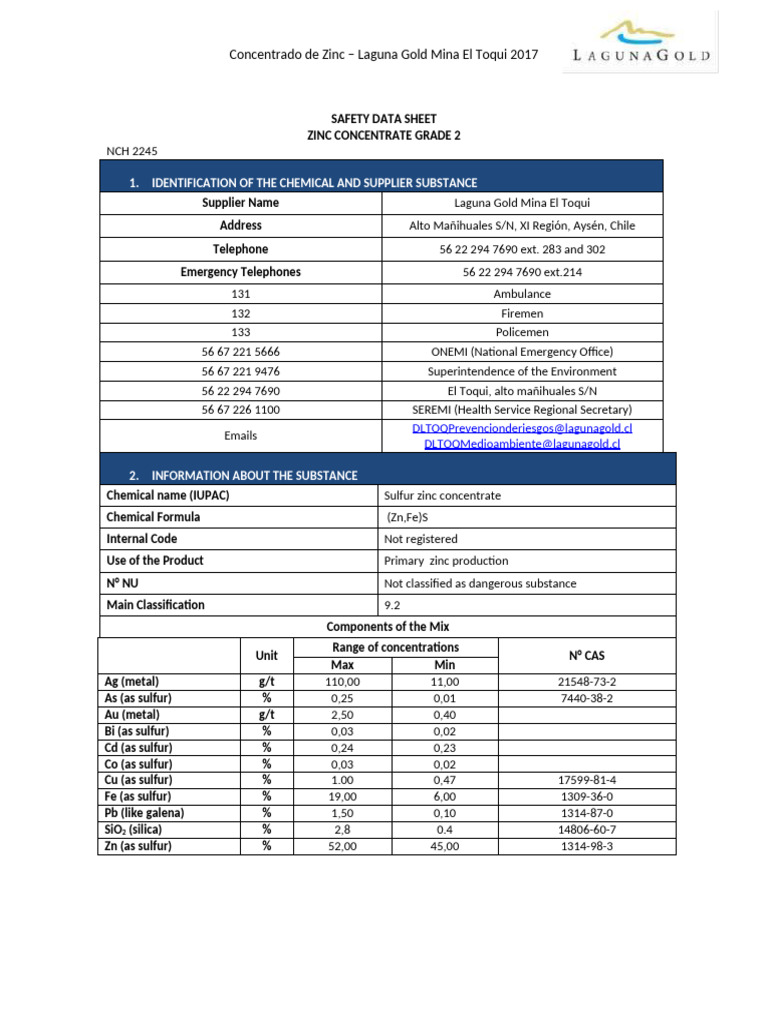 Zinc Concentrate Safety Data Sheet | PDF | Silicon Dioxide | Arsenic