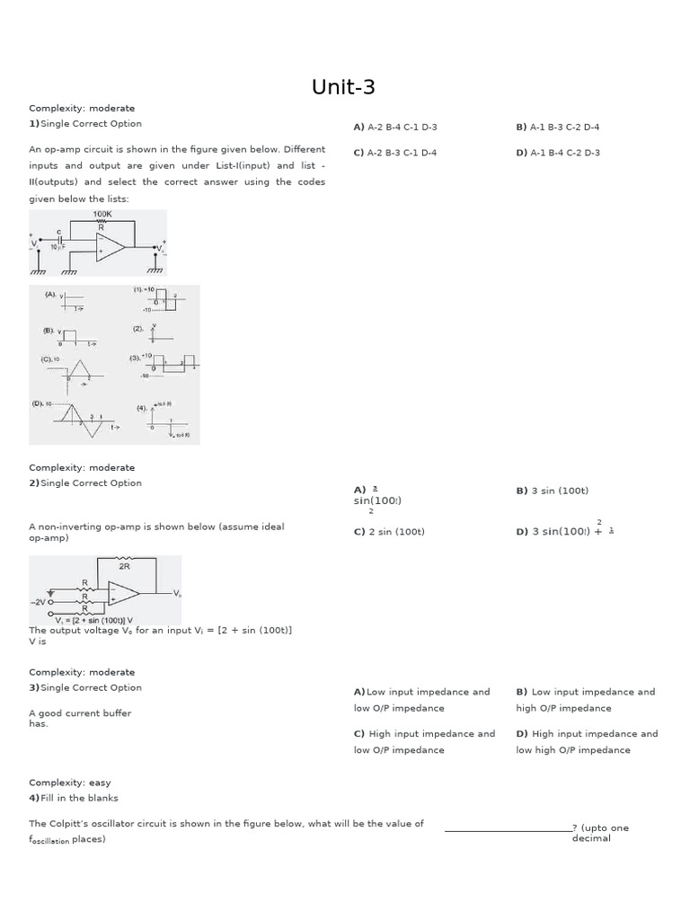 Unit-3 MCQ Question | PDF | Electronic Oscillator | Operational Amplifier