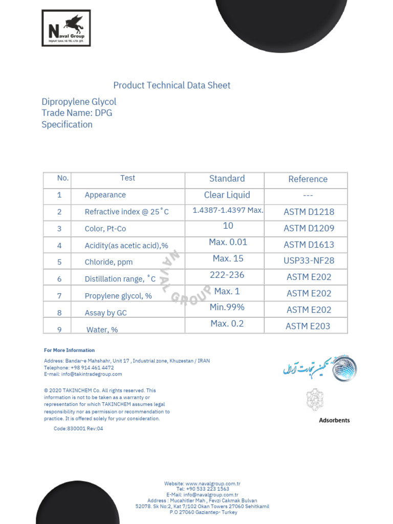 Dipropylene Glycol Specification Sheet | PDF | Products Of Chemical ...