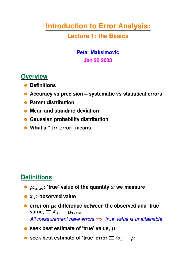 Introduction To Error Analysis Lecture 1 The Basics Pdf Accuracy