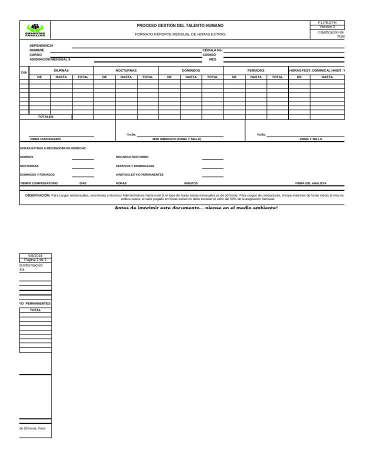 f1.p8.gth Formato Reporte Mensual Horas Extras v2 | PDF