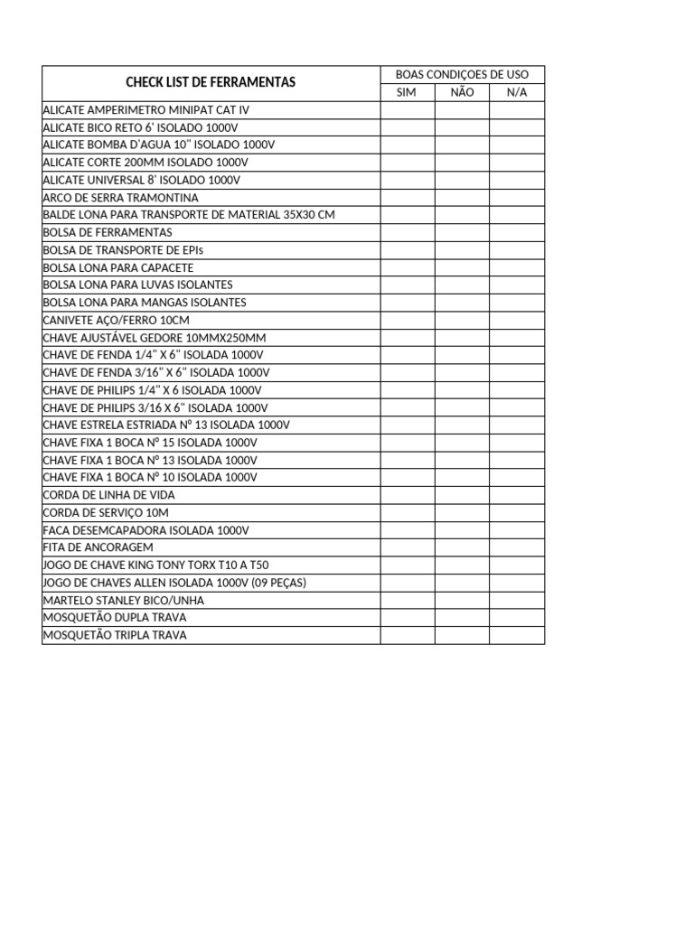 Check List de Ferramentas Manuais | PDF