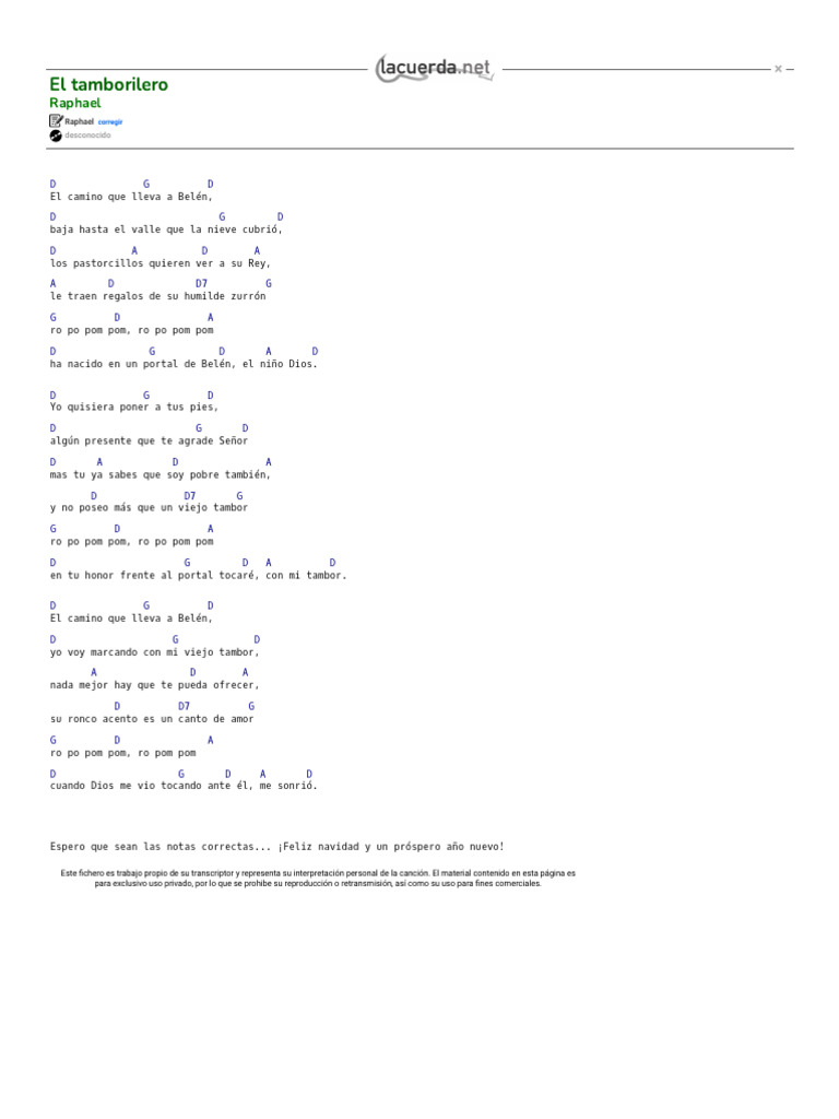 Acordes y letra de El Tamborilero | PDF