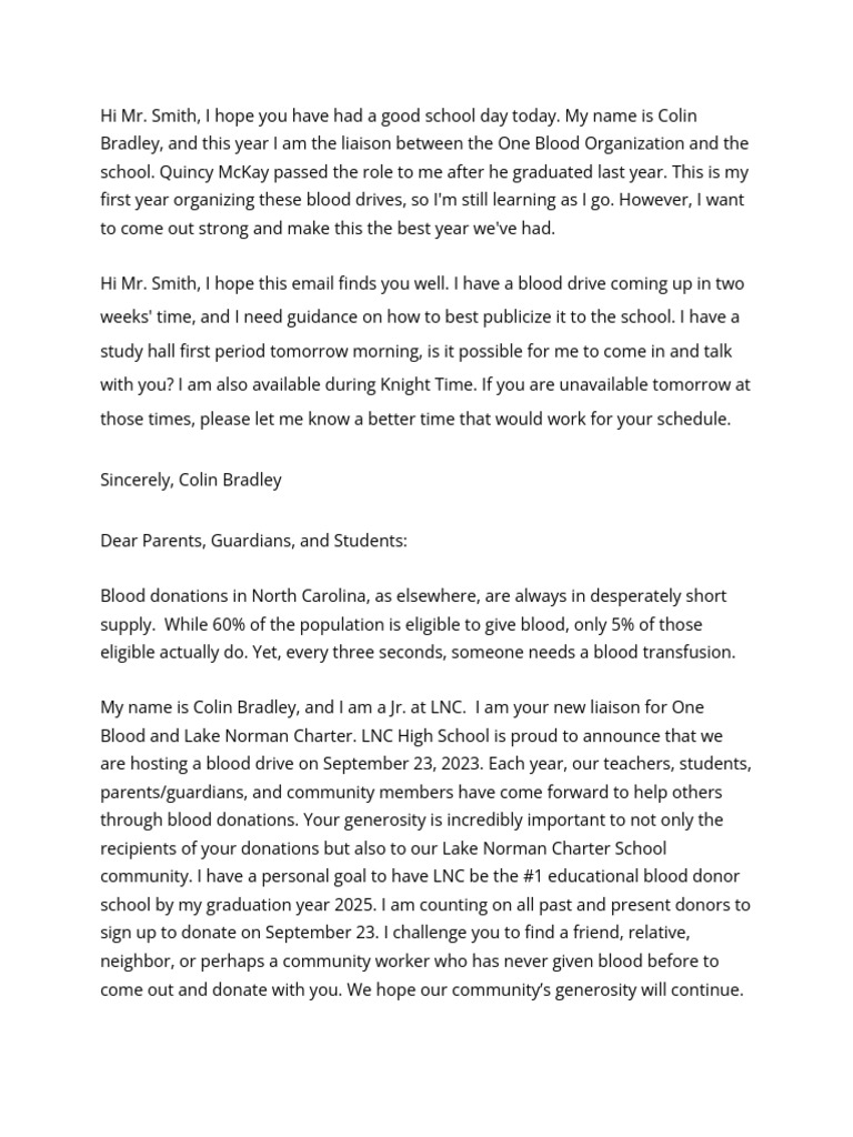 Smith Email Blood Drive | PDF | Blood Donation | Hematology