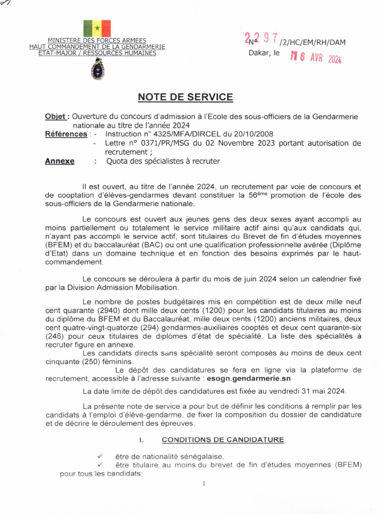 Note de Service Ouverture Concours d'Admission Esogn 2024 - 56eme Promo ...