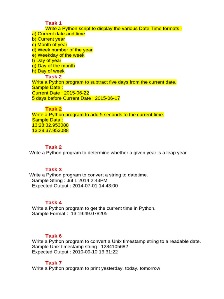 Lesson Datetime Exersices Pdf Python Programming Language Calendar