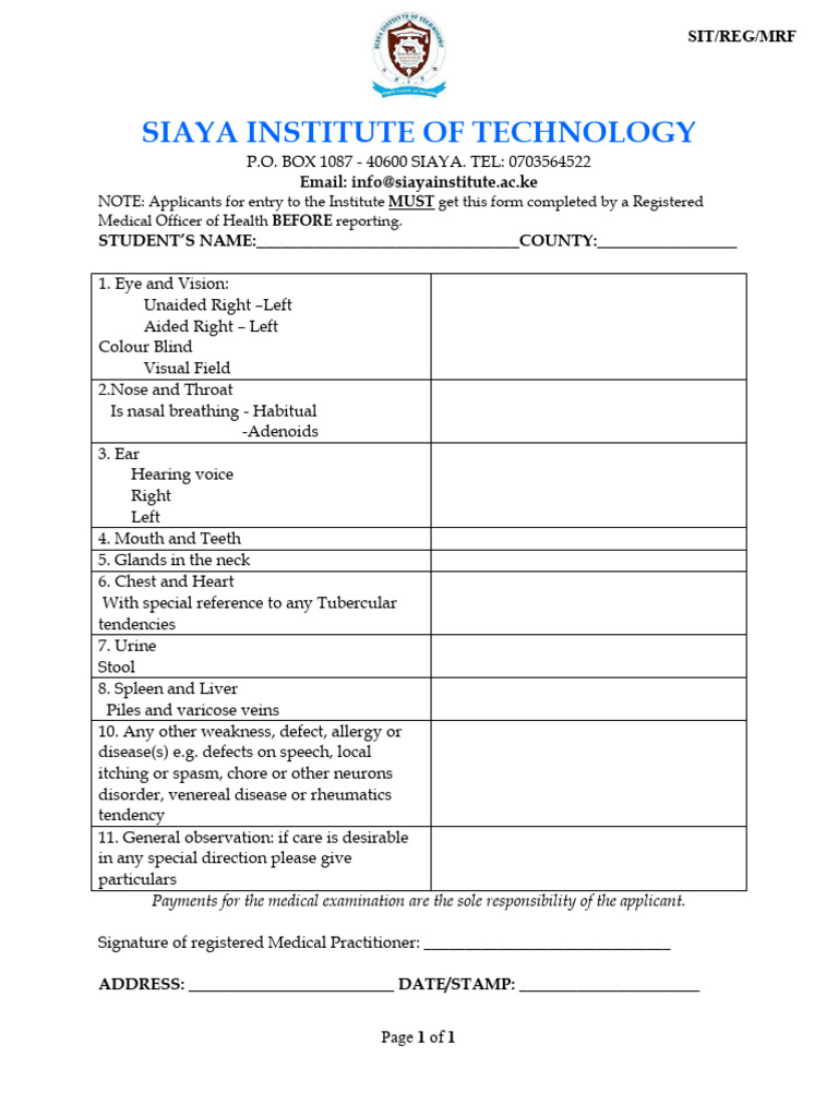 Medical Examination Form for Applicants | PDF
