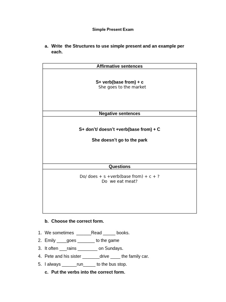 Simple Present Exam | PDF | Linguistic Morphology | Syntax