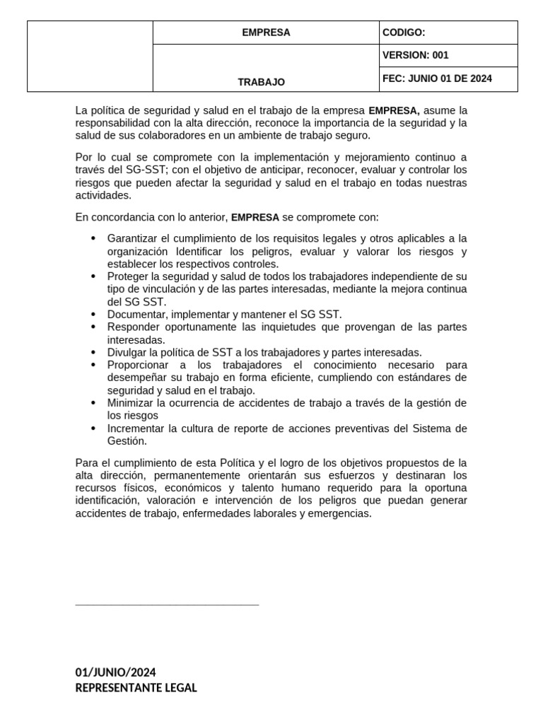 Anexo 1. Política de SST 2024 | PDF