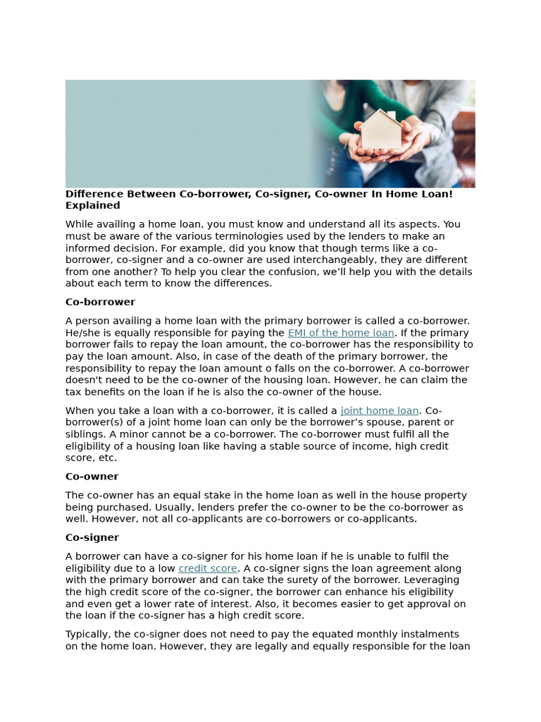 Difference Between Co Borrower, Co Signer Co Owner | PDF | Loans | Credit
