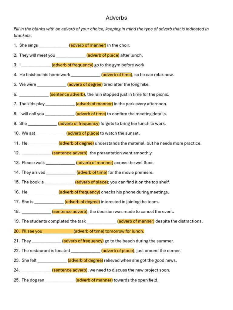 Fill in the Blanks: Adverb Practice | PDF