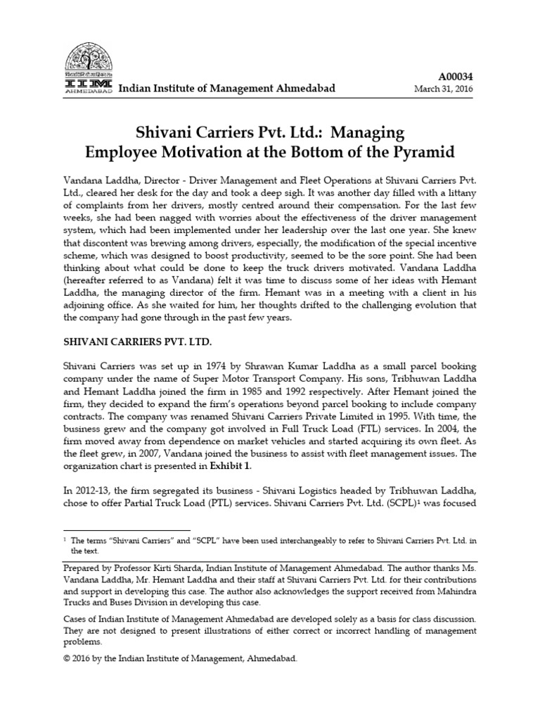 Shivani Carriers Pvt. Ltd. - Managing Employee Motivation at The Bottom ...