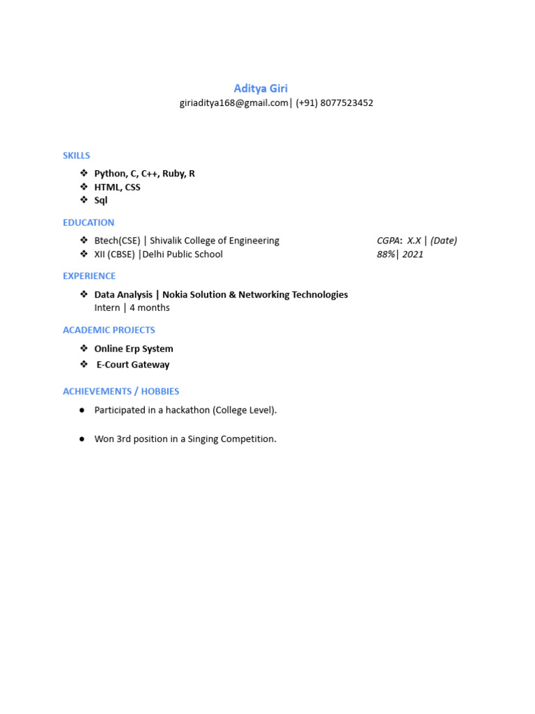 Aditya Giri: Skills and Experience Summary | PDF