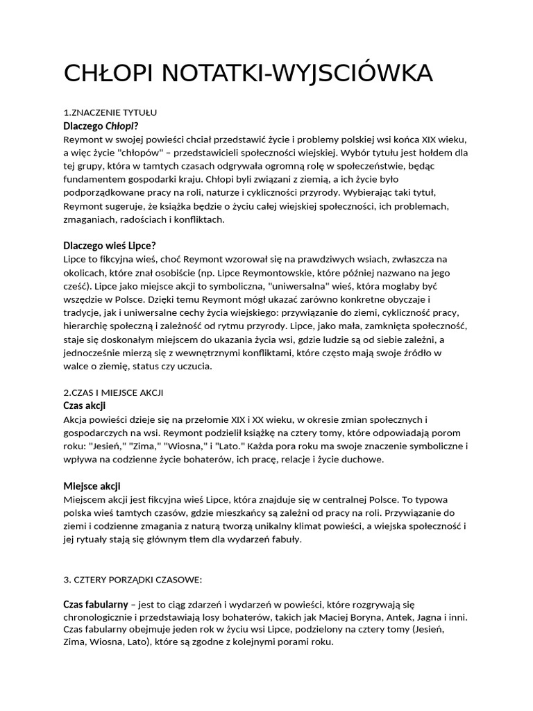 Chłopi Notatki Wyjściówka | PDF