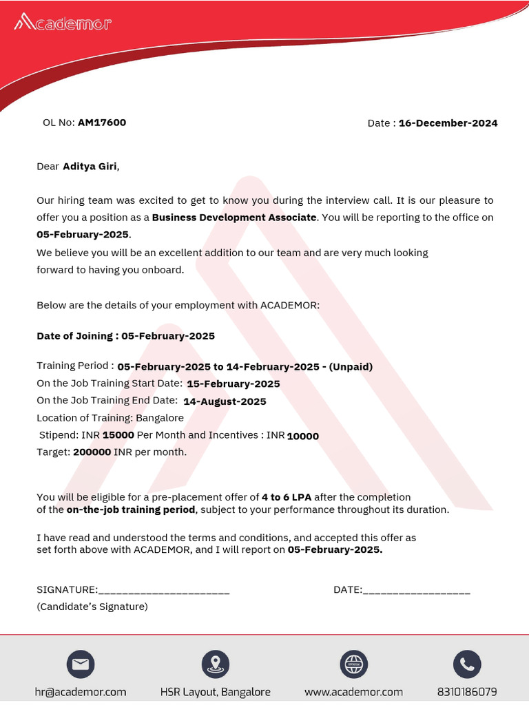 Academor Offer Letter - Aditya Giri | PDF | Driver's License | Identity Document