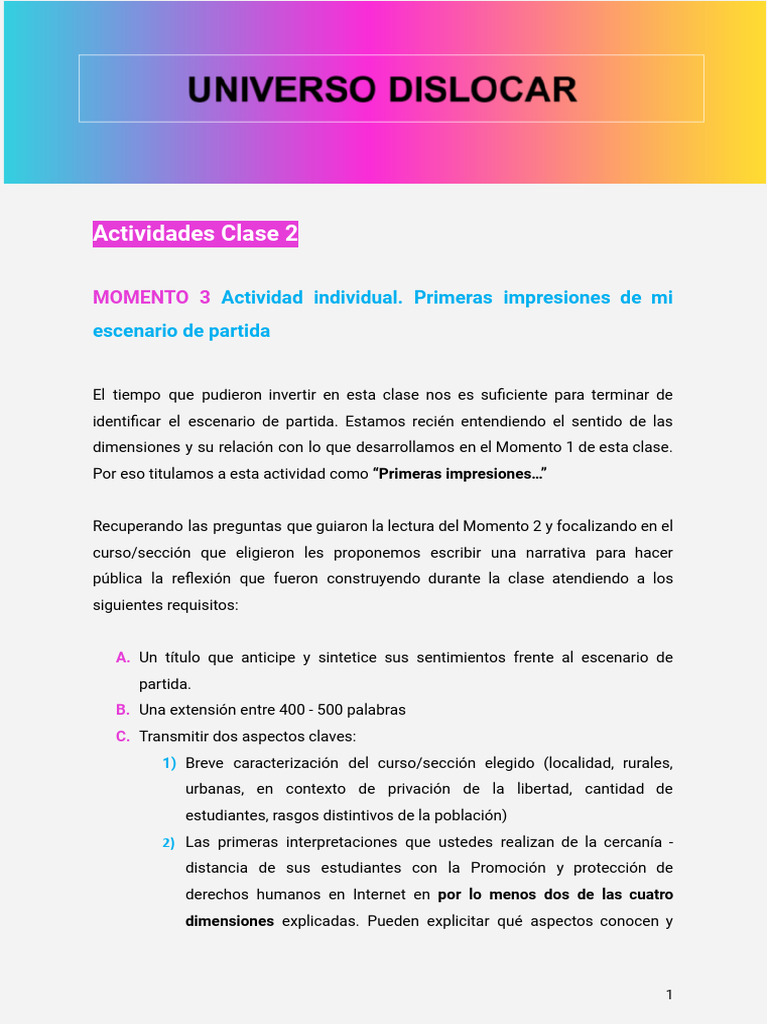 Consignas de Actividad Clase 2 - Universo DISLOCAR | PDF