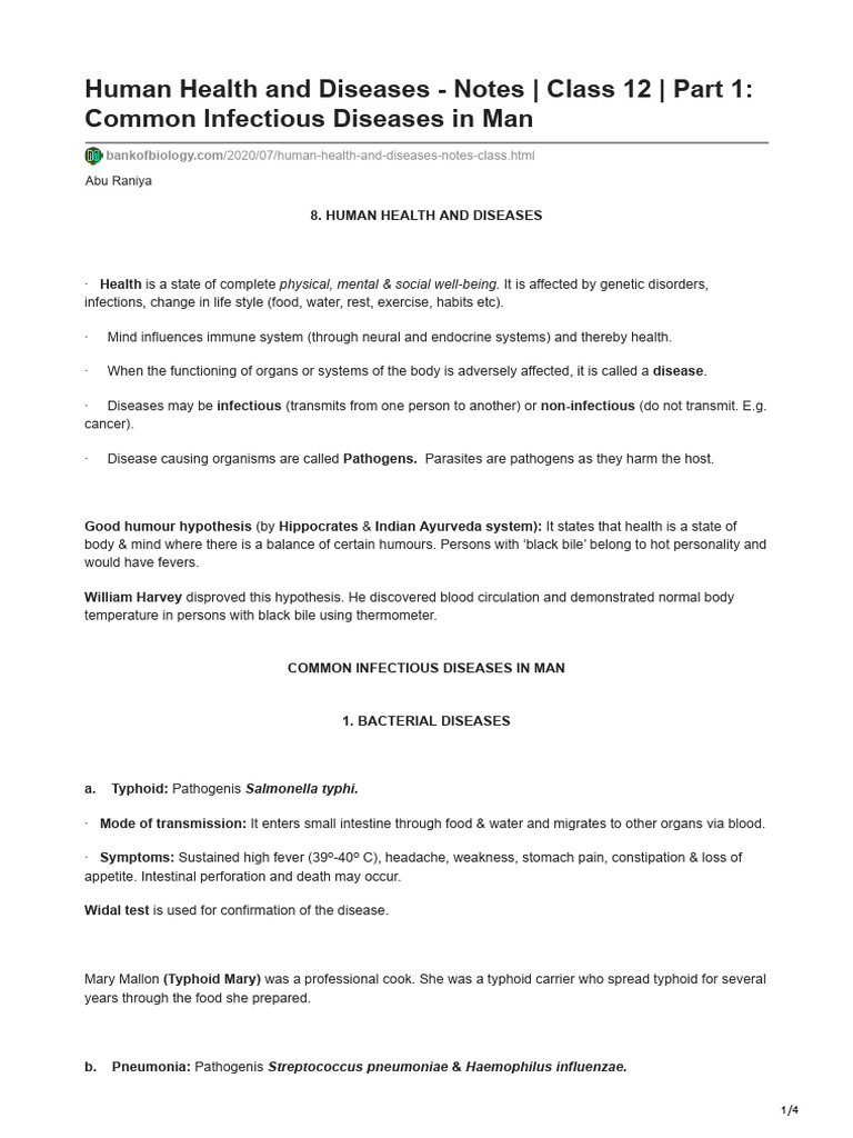 Human Health and Diseases - Notes Class 12 Part 1 Common Infectious ...