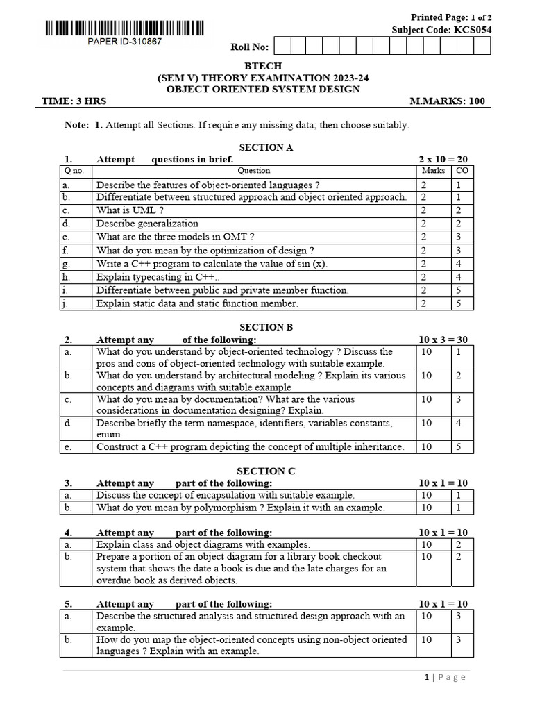 Kcs054 Object Oriented System Design Pdf Object Computer Science