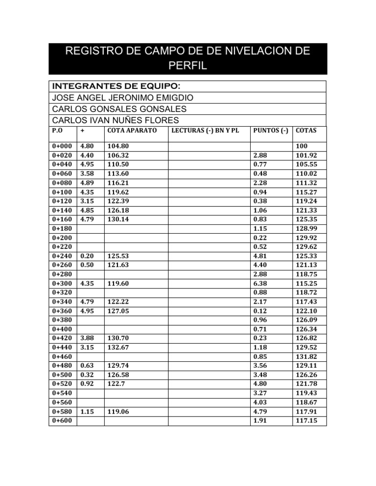 Registro de Campo de de Nivelacion de Perfil | PDF
