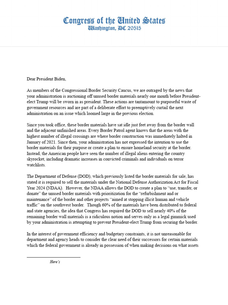 Biggs Letter To Biden Re Auctioning Border Wall Materials | PDF ...