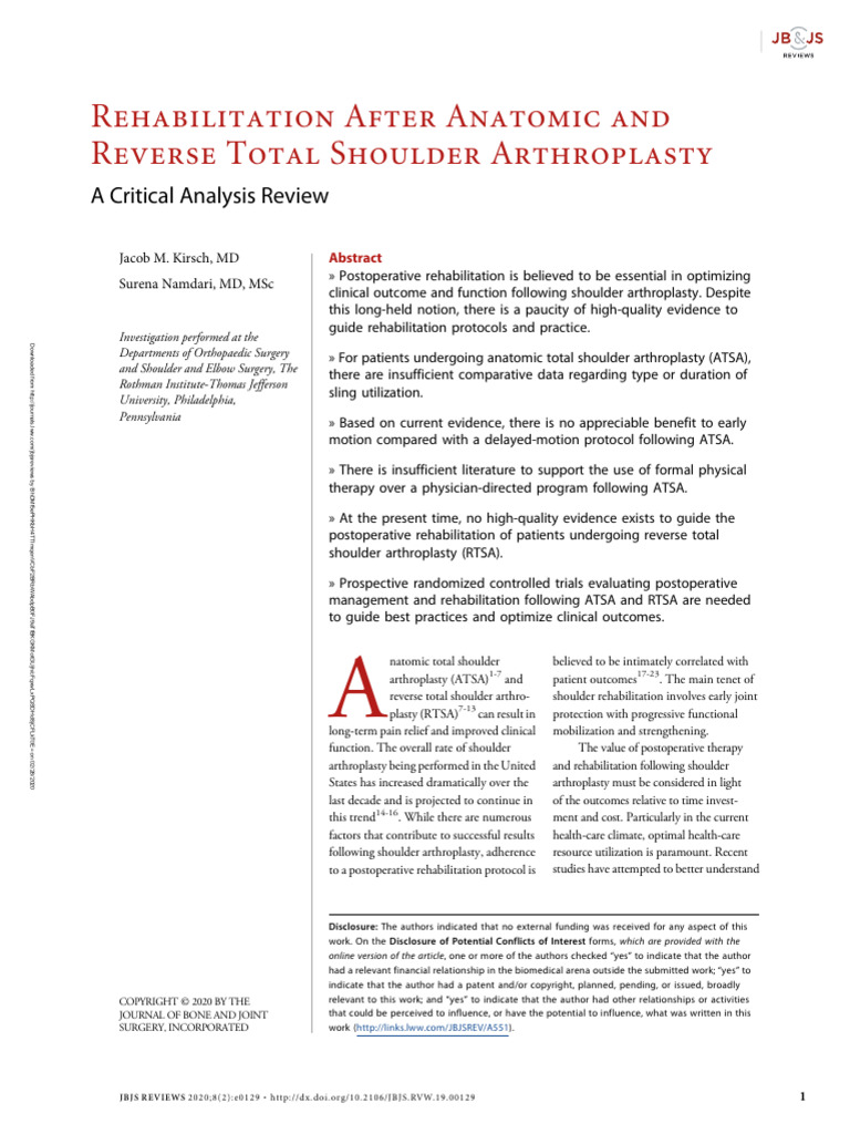 Rehabilitation After Anatomic and Reverse Total Shoulder Arthroplasty ...