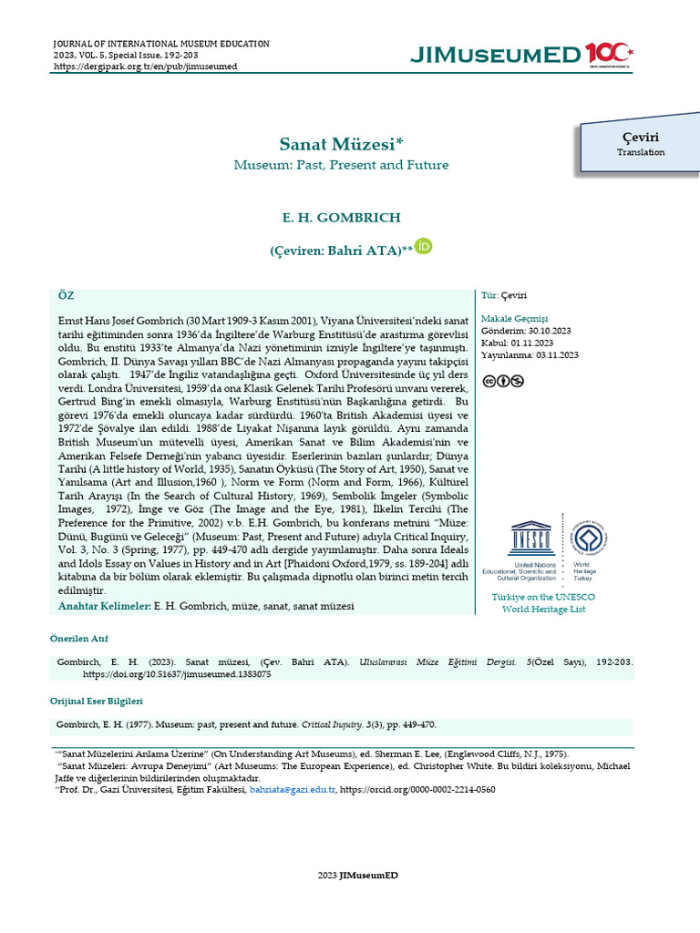 Ceviri E H GOMBRICH 1975 Sanat Muzesi Ce | PDF