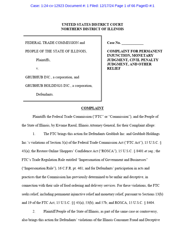 FTC Lawsuit Against Grubhub | PDF | Federal Trade Commission | American ...