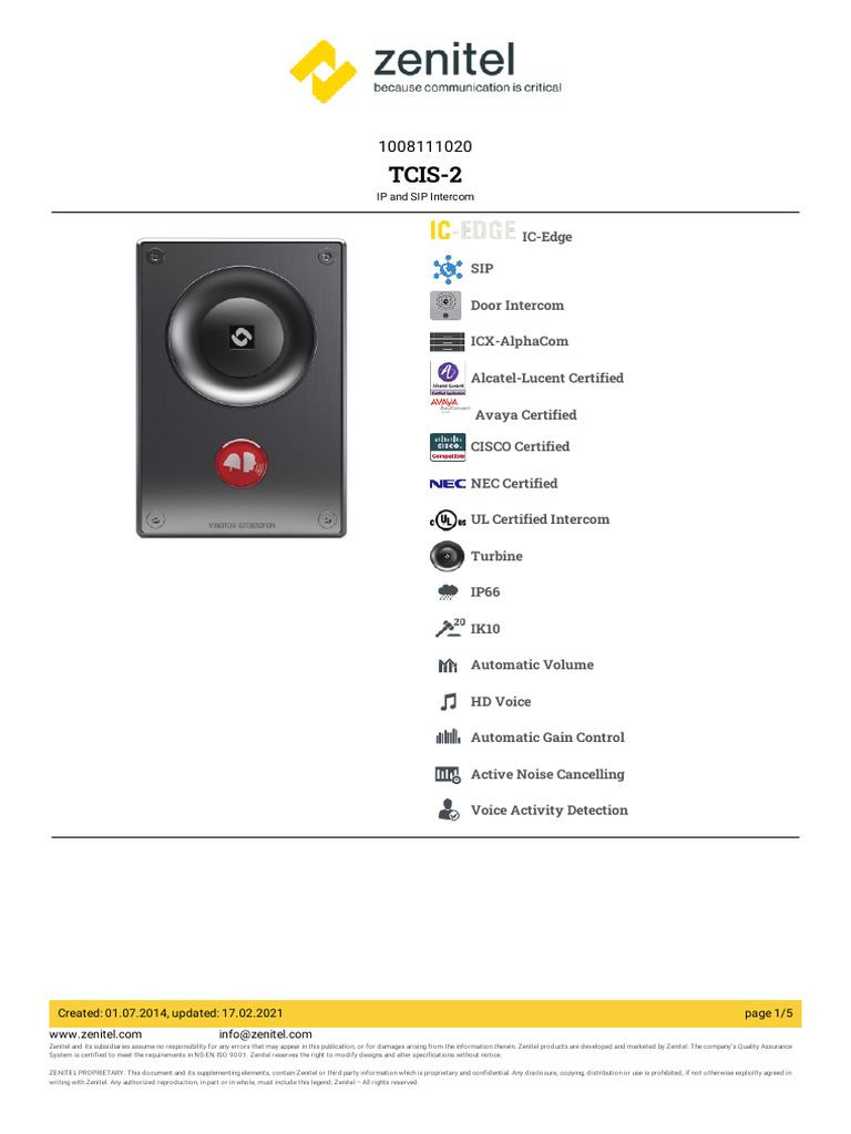 Zenitel TCIS 2 - 1008111020 | PDF | Iso 9000