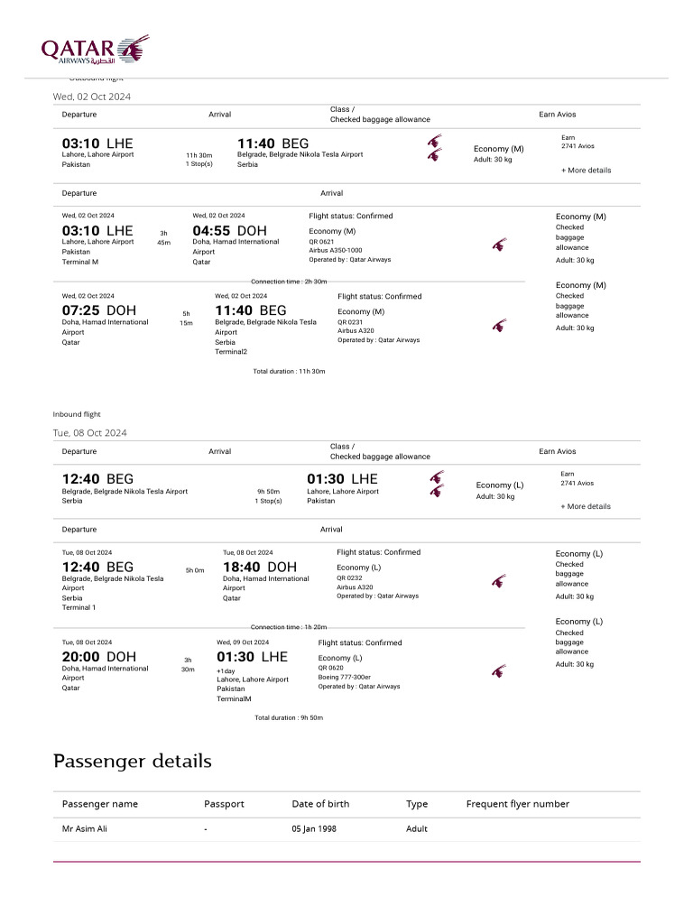 Qatar Airways Flight Details: QR 0620/QR 0232 | PDF | Aircraft | Airlines