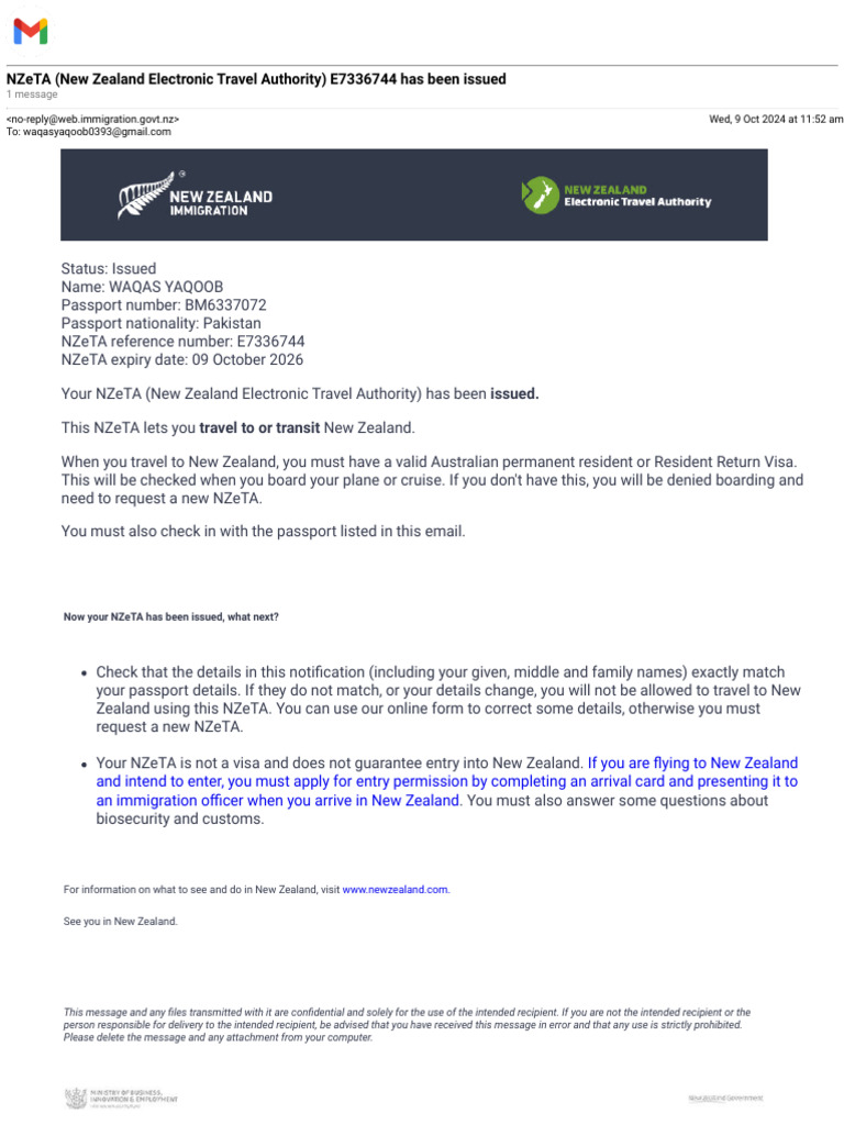 NZeTA (New Zealand Electronic Travel Authority) E7336744 Has Been ...