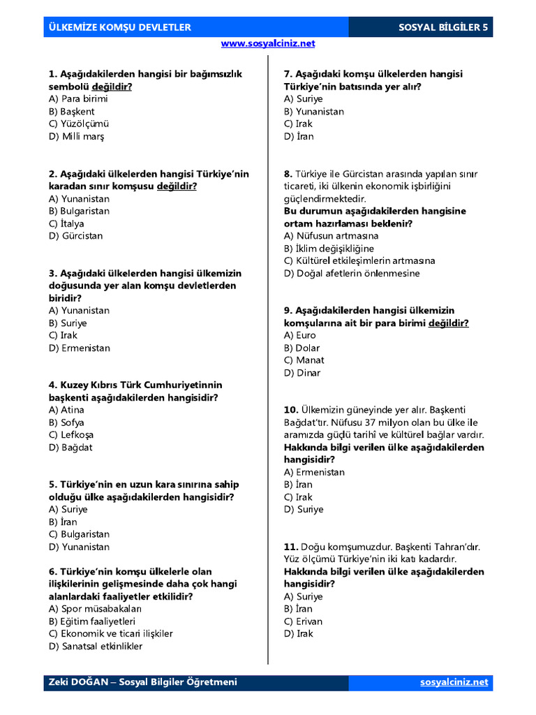 Ulkemize Komsu Devletler Test | PDF