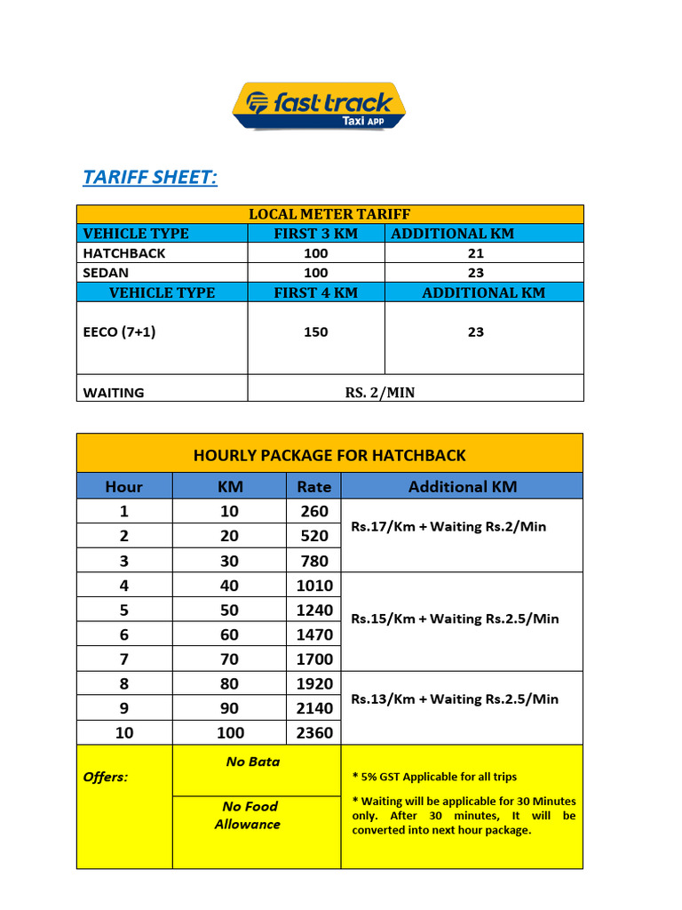 Fast Track Cabs Tariff Sheets New | PDF | Front Wheel Drive Vehicles ...