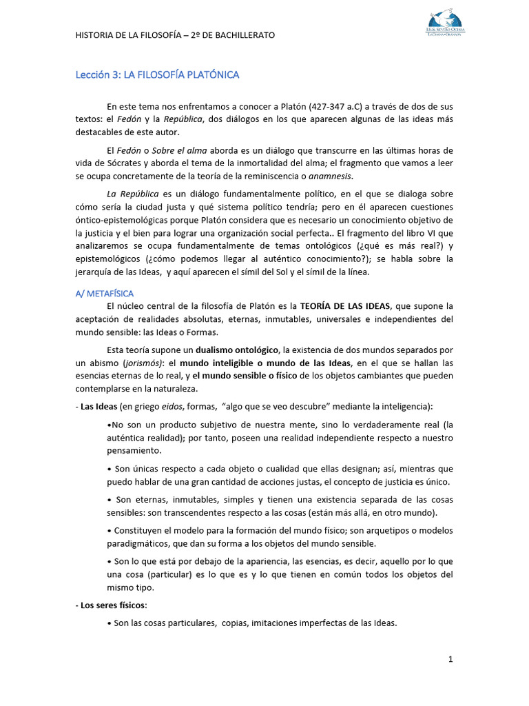 Filosofía Platónica: Ideas y Conocimiento | PDF | Platón | Conocimiento