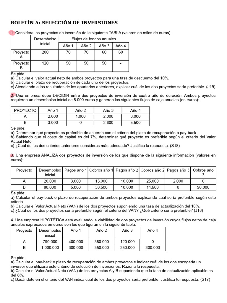 Boletín 5 Selección de Inversiones - 2 | PDF | Valor presente neto | Euro