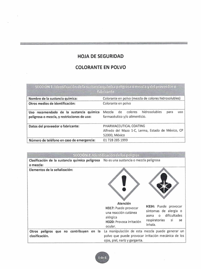 Hoja de Seguridad Colorante Verde | PDF