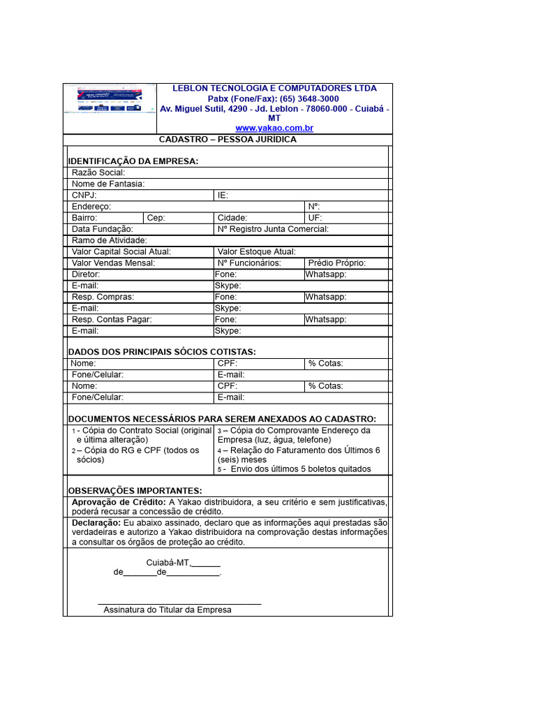 Yakao Ficha de Cadastro | PDF