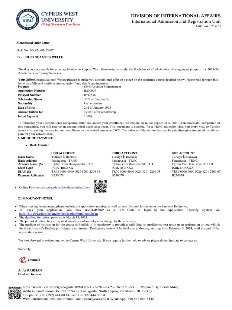 B230079 Conditional Acceptance Letter Imzali | PDF | Payments